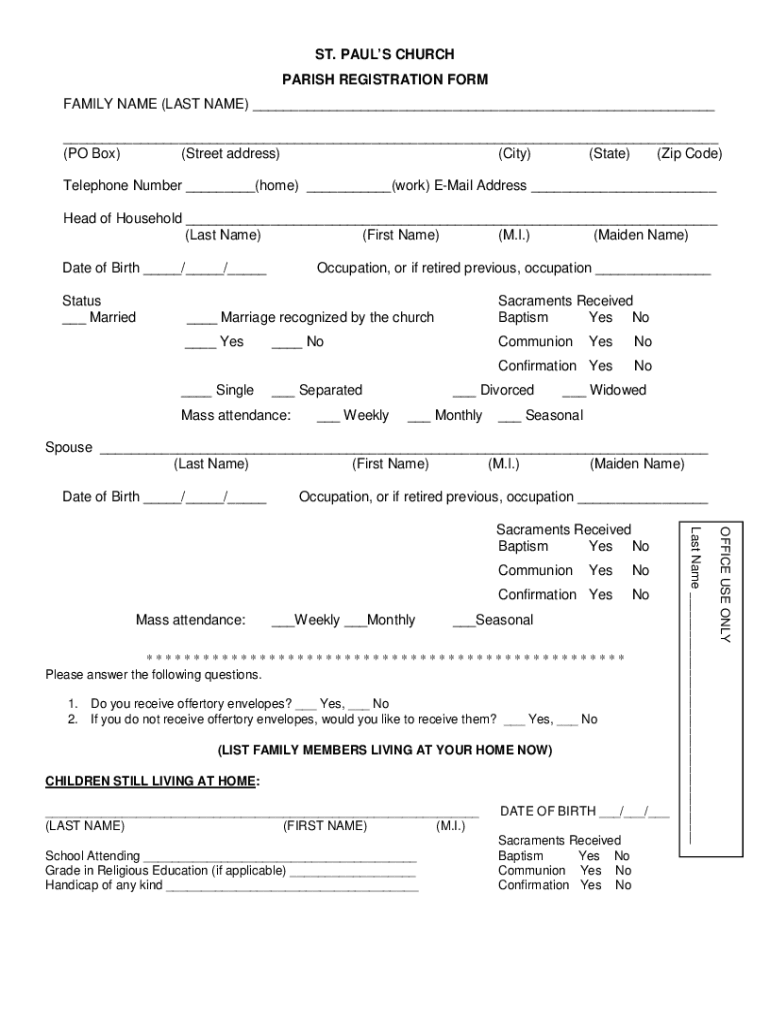 Fillable Online Parish Registration Form - St. Paul's Catholic Church ...