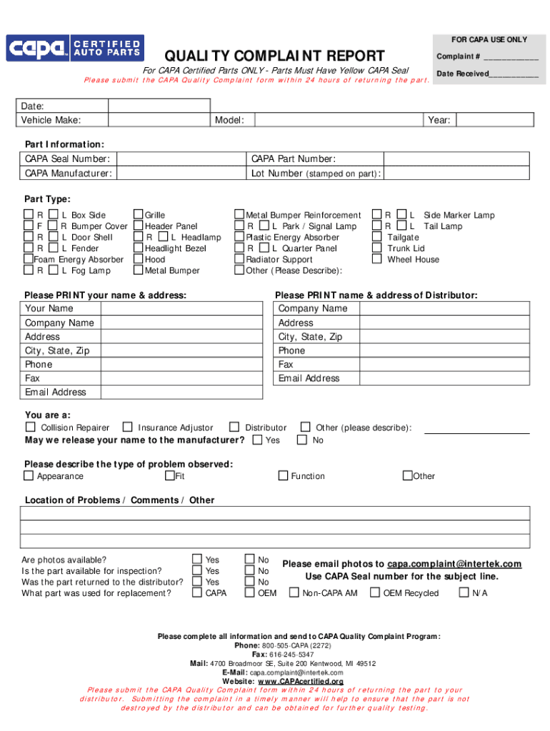 CAPA Quality Complaint Form - Blank Fillable Template | Fill Out, Print ...