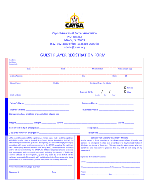 Fillable Online GUEST PLAYER REGISTRATION FORM - CAYSA Fax Email Print ...