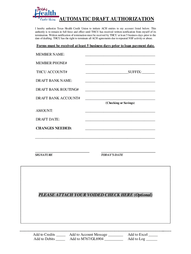 Fillable Online AUTOMATIC DRAFT AUTHORIZATION - Texas Health Credit Union Fax Email Print ...