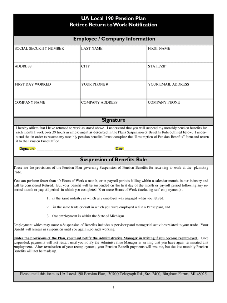 Fillable Online Pension Retiree Return to Work Notification (RETAIN TO ...