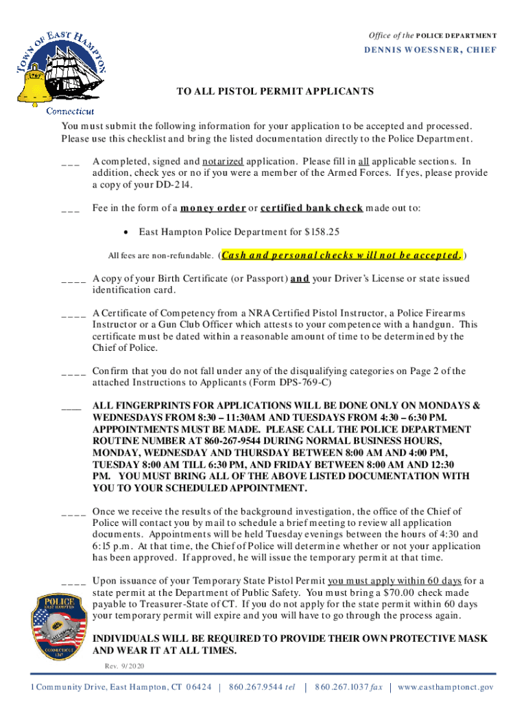 Fillable Online TO ALL PISTOL PERMIT APPLICANTS - East Hampton ...