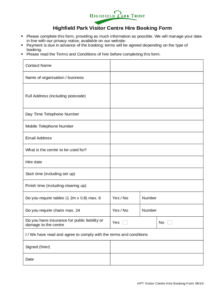 Highfield Park Hire Booking Doc Template | pdfFiller