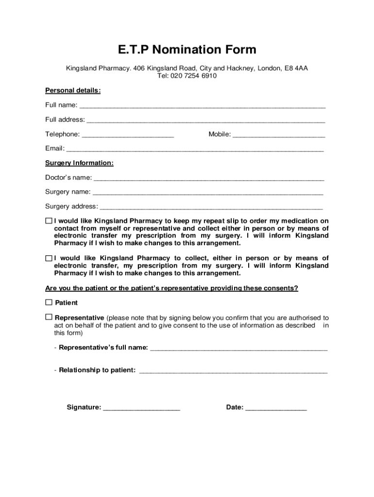 Fillable Online E.T.P Nomination Form - Pharmacy Questionnaire Fax ...