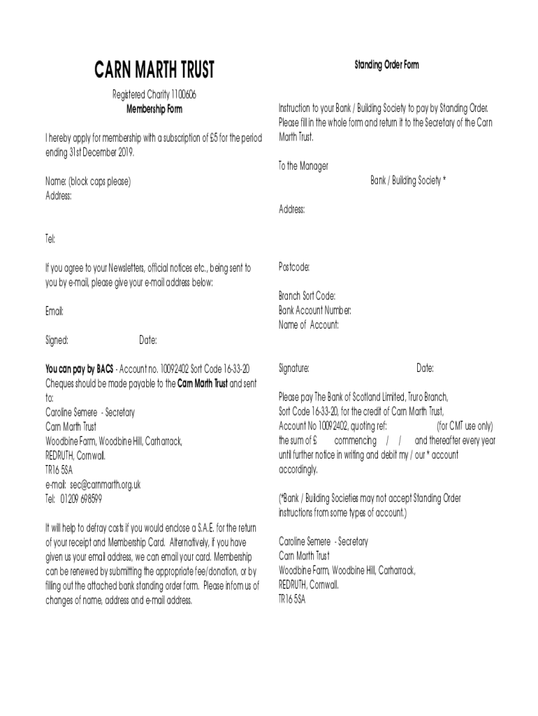 Fillable Online carnmarth org CARN MARTH TRUST Standing Order Form Fax Email Print - pdfFiller