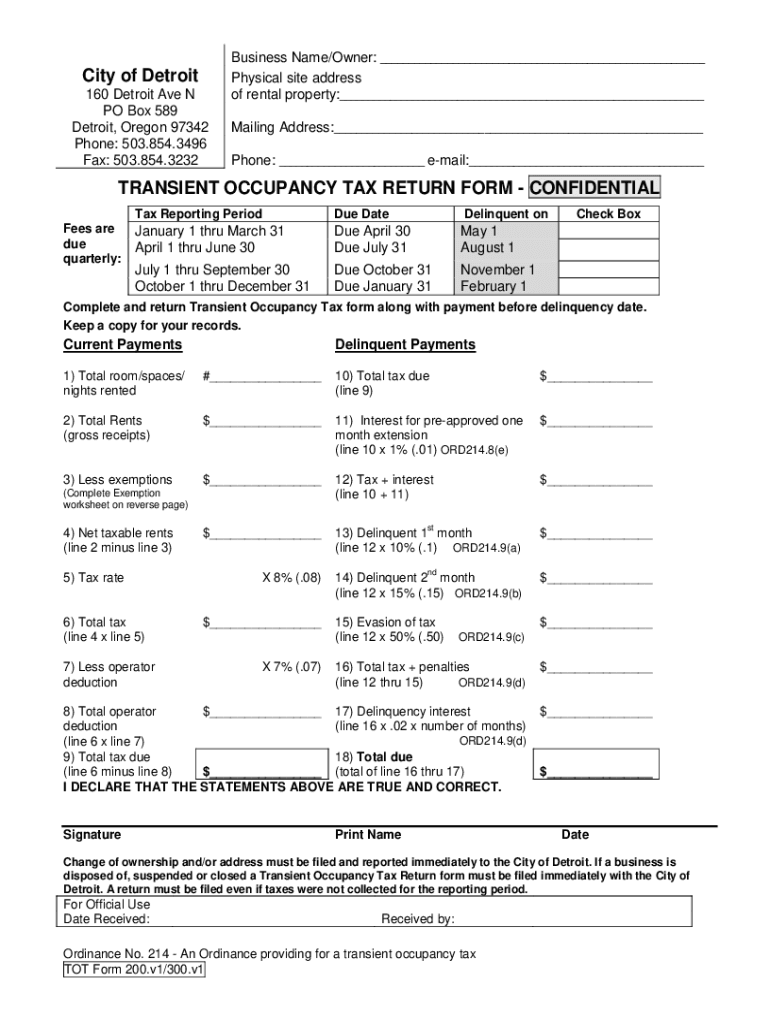 Fillable Online TRANSIENT OCCUPANCY TAX RETURN FORM -CONFIDENTIAL Fax ...
