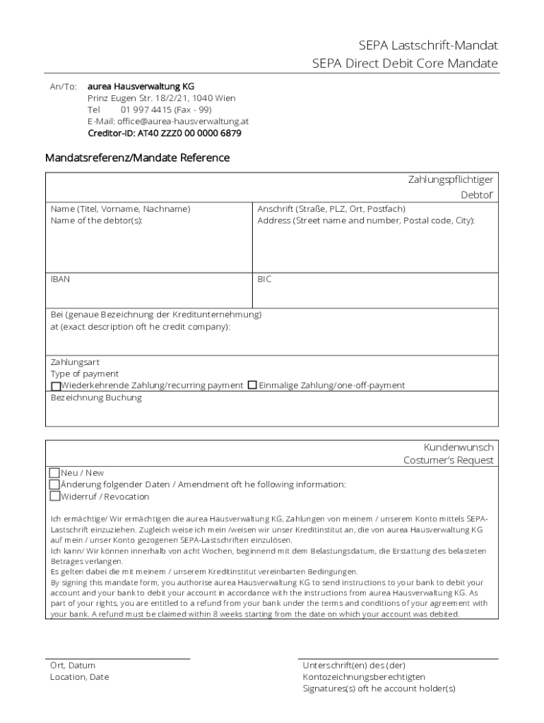 Fillable Online SEPA Lastschrift Formular aurea HV Fax Email Print ...