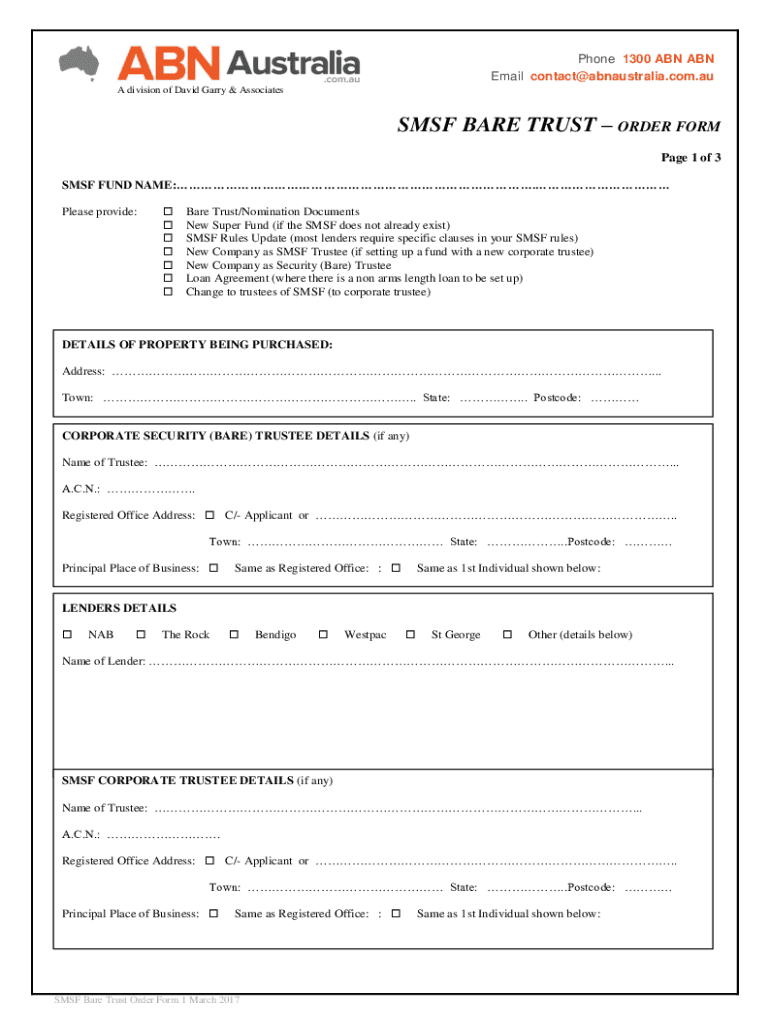 Fillable Online SMSF BARE TRUST ORDER FORM - ABN Australia Fax Email Print - pdfFiller
