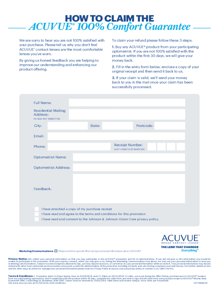 Fillable Online HOW TO CLAIM THE ACUVUE 100% Comfort Guarantee Fax Email Print - pdfFiller