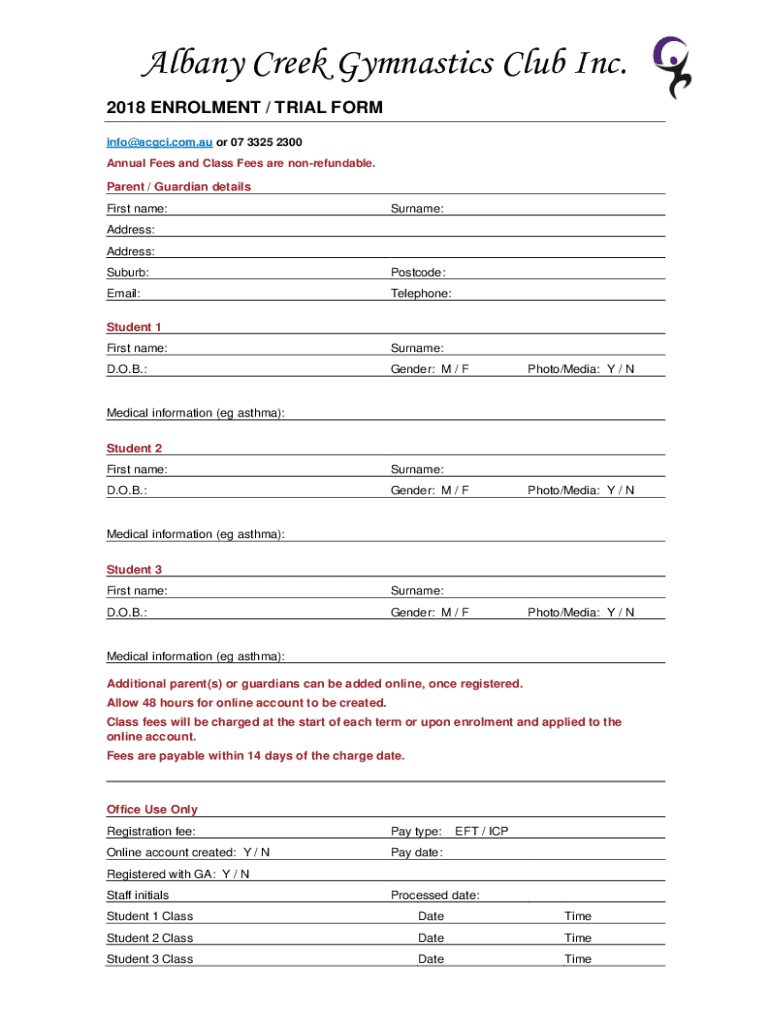 Fillable Online ENROLMENT / TRIAL FORM - Albany Creek Gymnastics Club ...