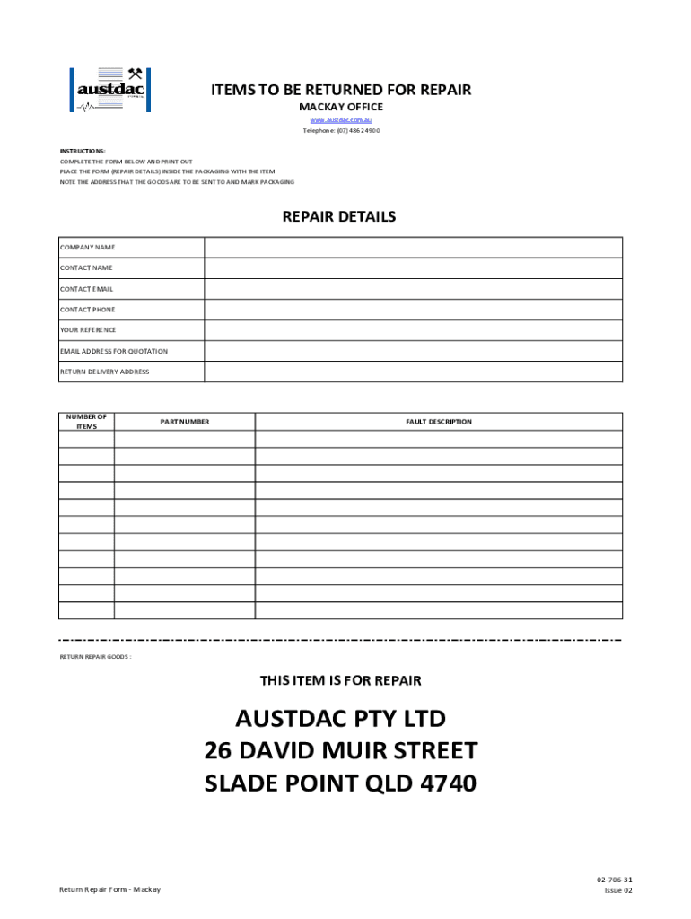 Fillable Online 02-706-31-xxxx-01 Return Repair Form Mackay Office ...