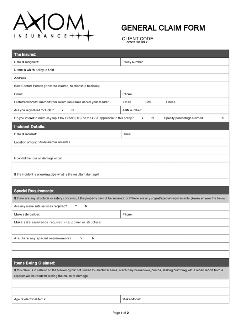 Fillable Online Axiom Insurance - General Claim Form Fax Email Print ...