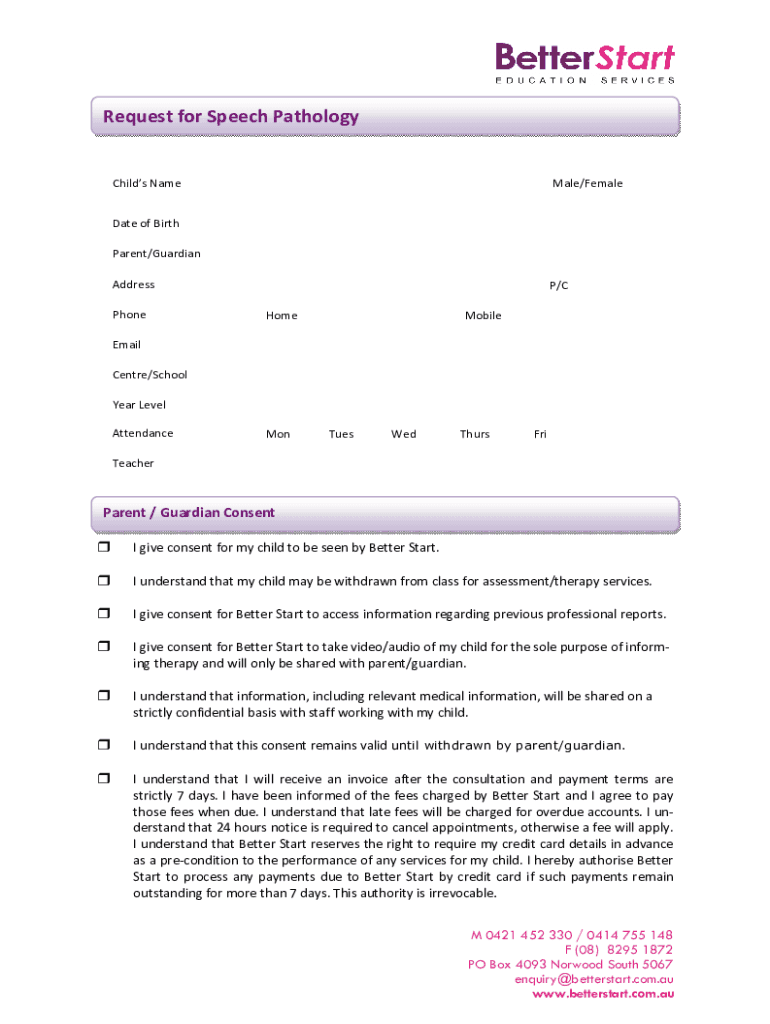 Fillable Online SPEECH/LANGUAGE PATHOLOGY GENERAL HEALTH FORM - Page 1 ...