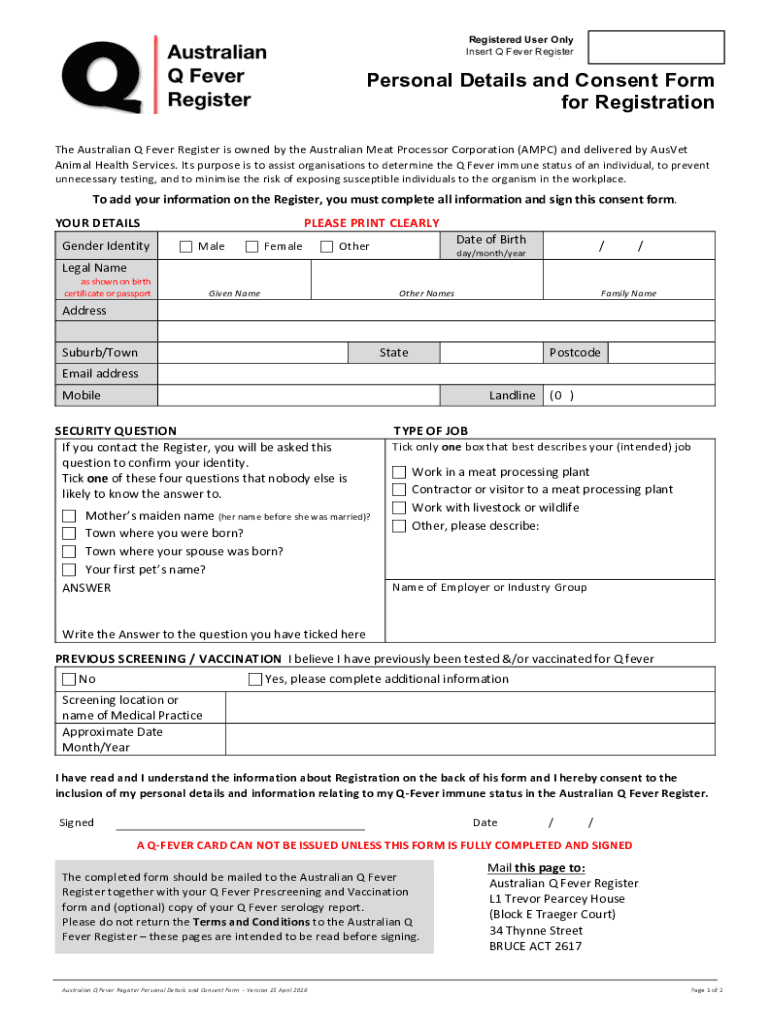 Fillable Online FORM PD&C - Bruce. Australian Q Fever Register ...