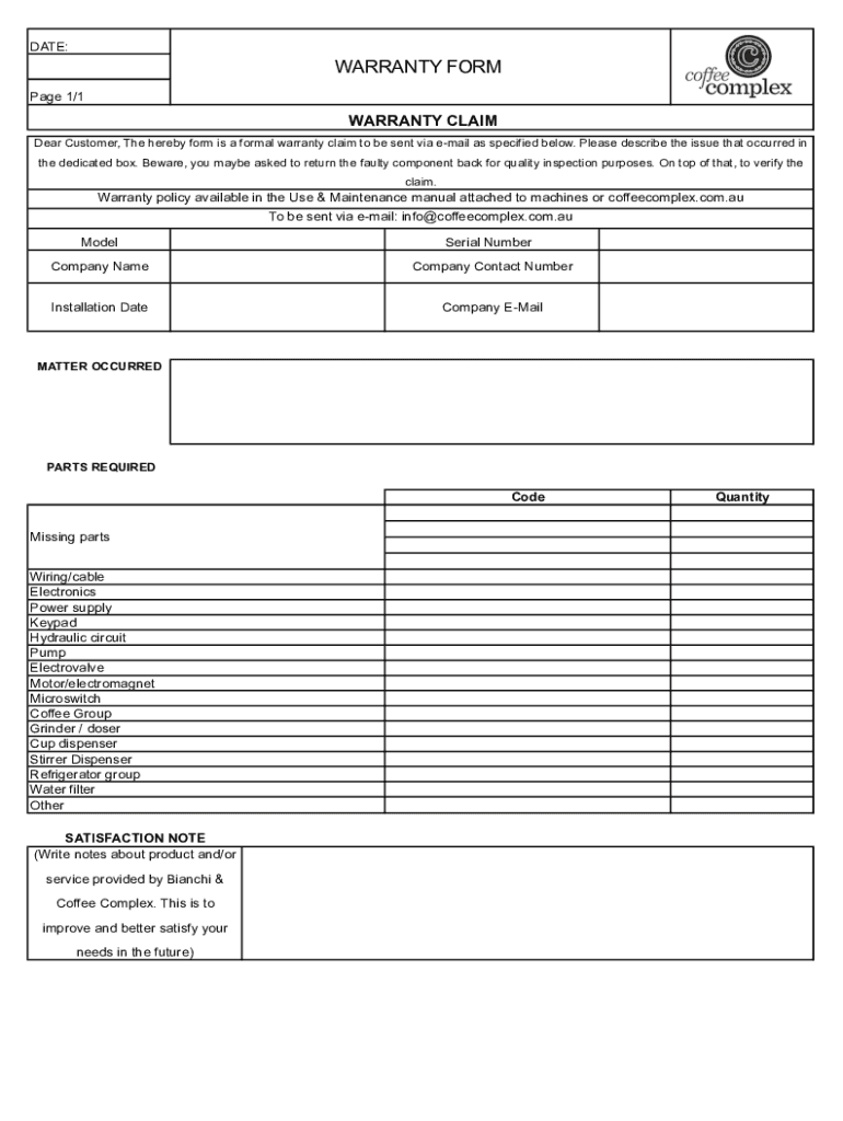 Fillable Online Warranty Claim form cc.xls Fax Email Print - pdfFiller