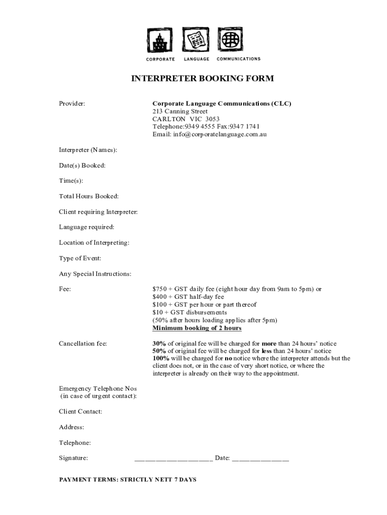 Fillable Online Interpreter Client Booking Form - Commercial, Technical ...