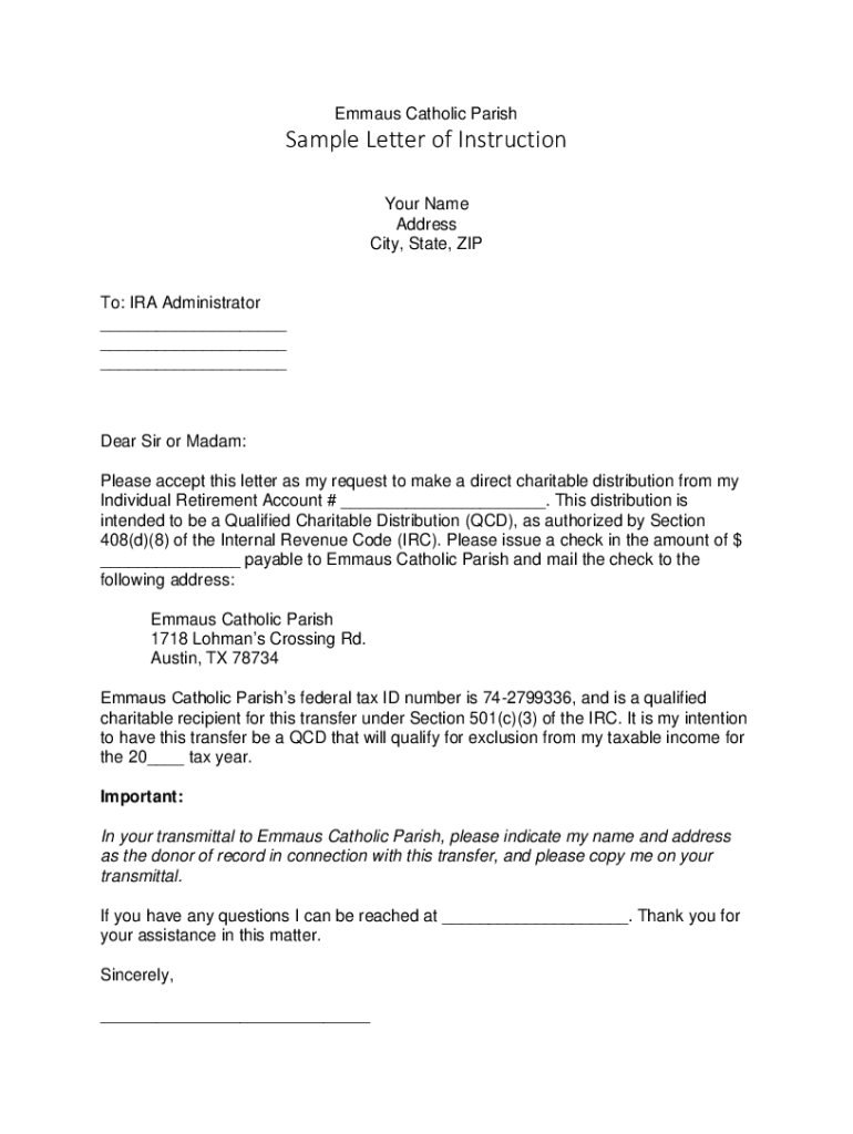 Fillable Online Emmaus Catholic Parish Sample Letter of Instruction Fax Email Print - pdfFiller