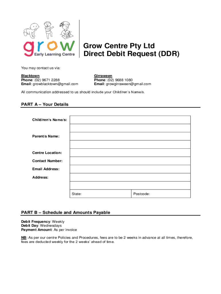 Fillable Online Direct Debit Request (DDR) - Grow Early Learning Centre ...