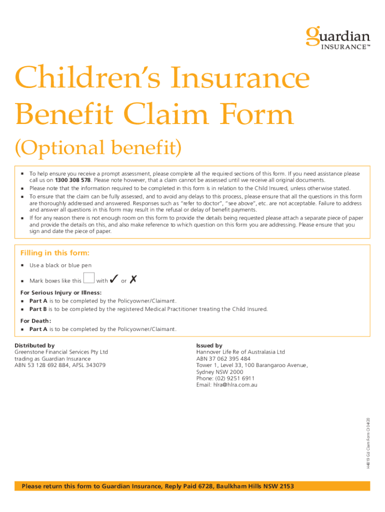 Fillable Online Guardian Childrens Insurance (Optional Benefit) Claim ...