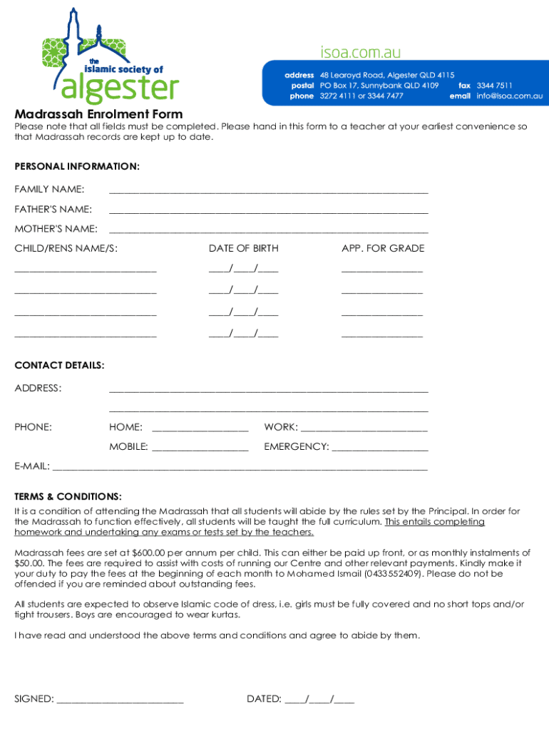 Fillable Online Madrassah Enrollment Form - Islamic Society of Algester ...