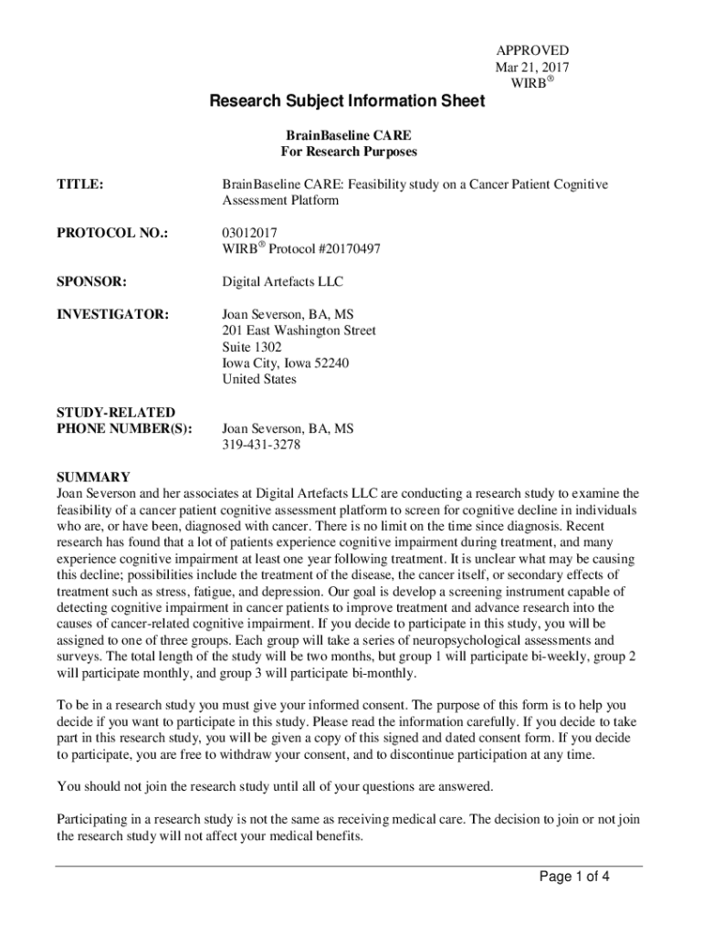 Fillable Online APPROVED Mar 21, 2017 WIRB Research Subject Information ...