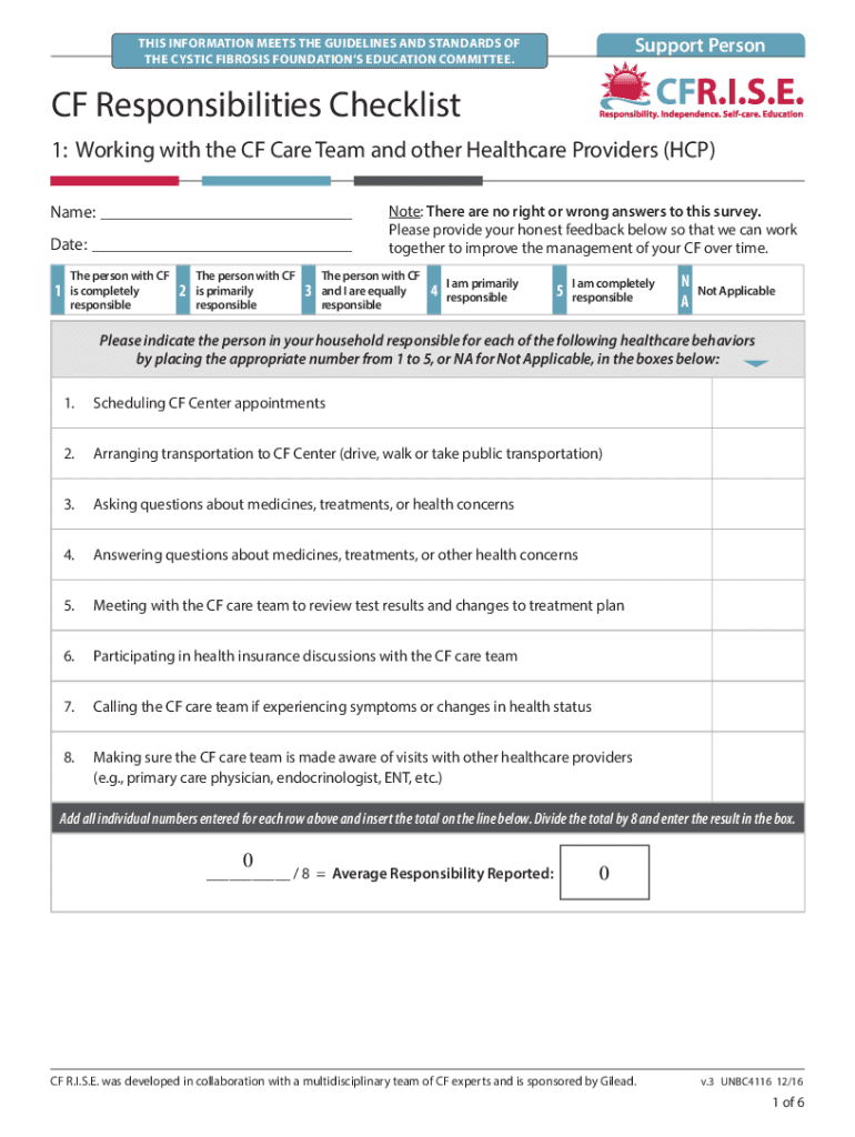 Fillable Online CF RISE Responsibilities Checklist Support Person (16 ...