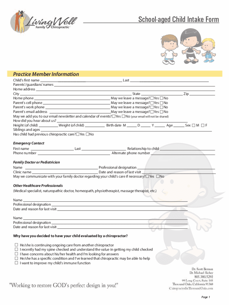 Fillable Online Child Intake Form Template for WordPrintable Medical ...