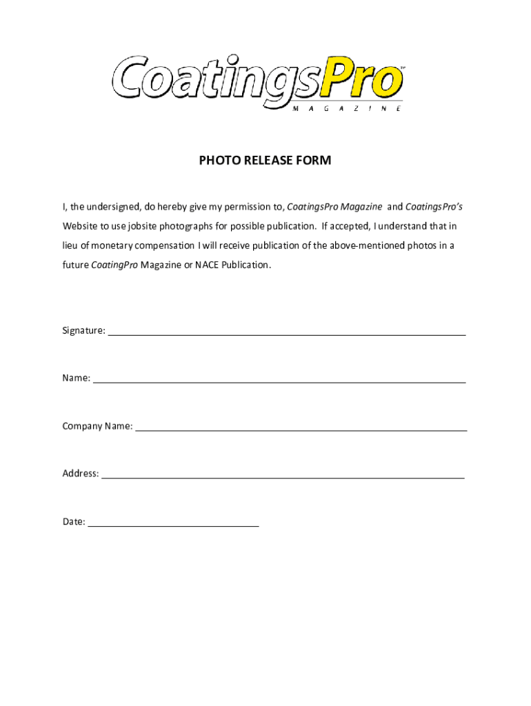 Fillable Online PHOTO RELEASE FORM - CoatingsPro Coatings Magazine Fax ...