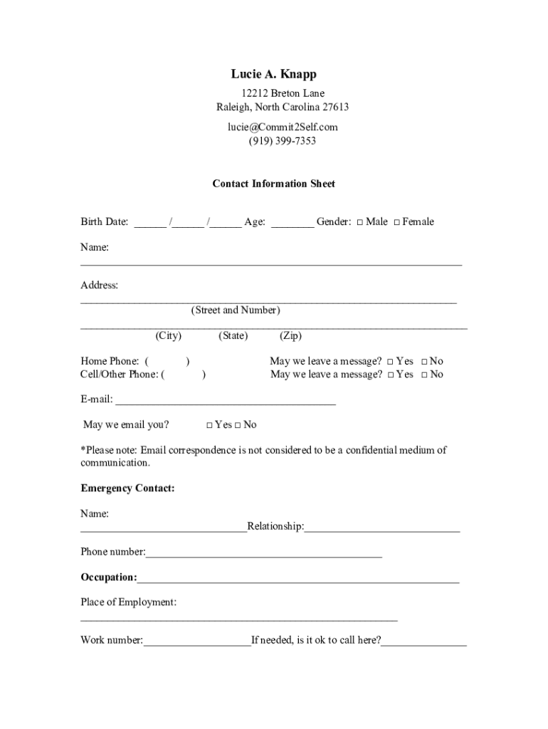 Fillable Online Lucie Knapp, Master of Social Work, Raleigh, NC, 27613 ...