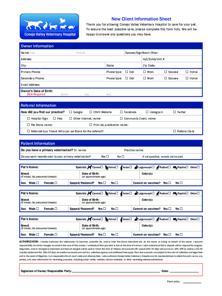 Fillable Online New Client Information Sheet. Pet Owner and Referring ...