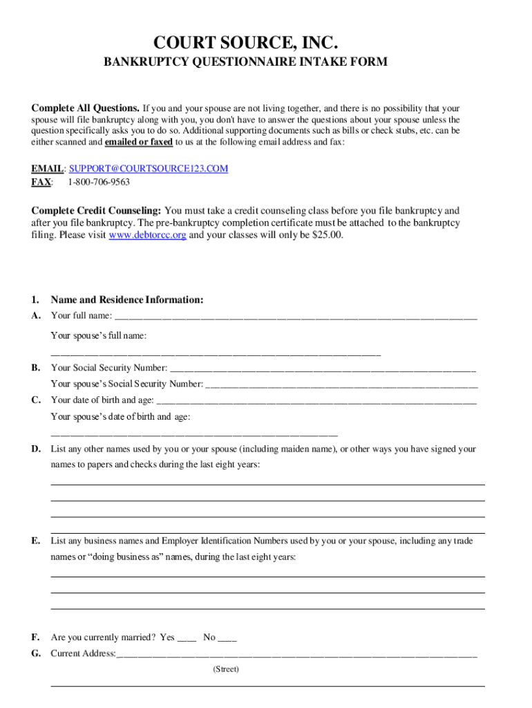 Fillable Online BANKRUPTCY QUESTIONNAIRE INTAKE FORM - Court Source123 ...
