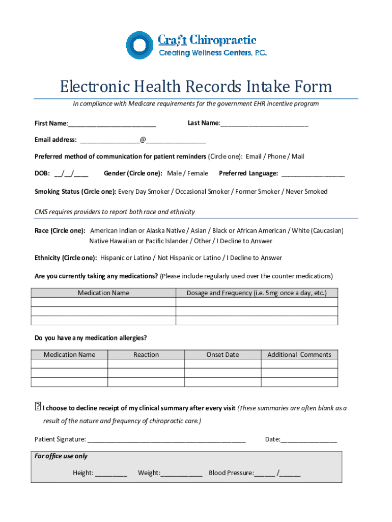 Fillable Online Electronic Health Records Intake Form - florissantchiro ...