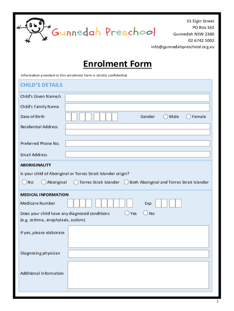 Fillable Online Preschool enrolment form P - Victor Harbor Community ...