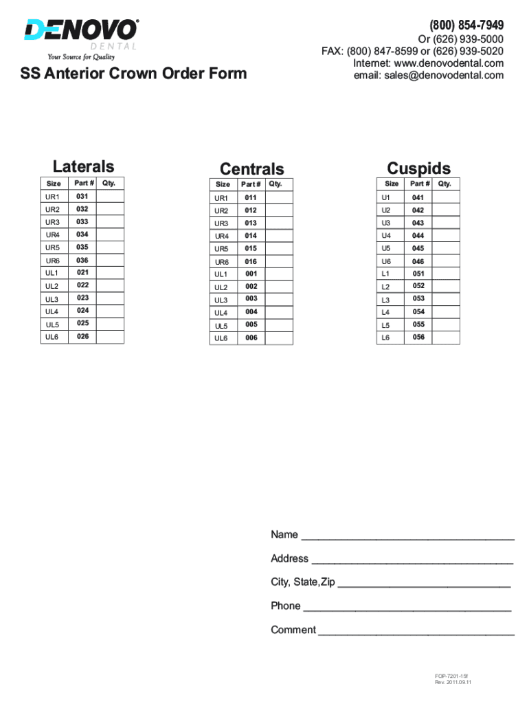 Fillable Online FOP-7201-15f SSS Anterior Crown Order Form.cdr Fax ...