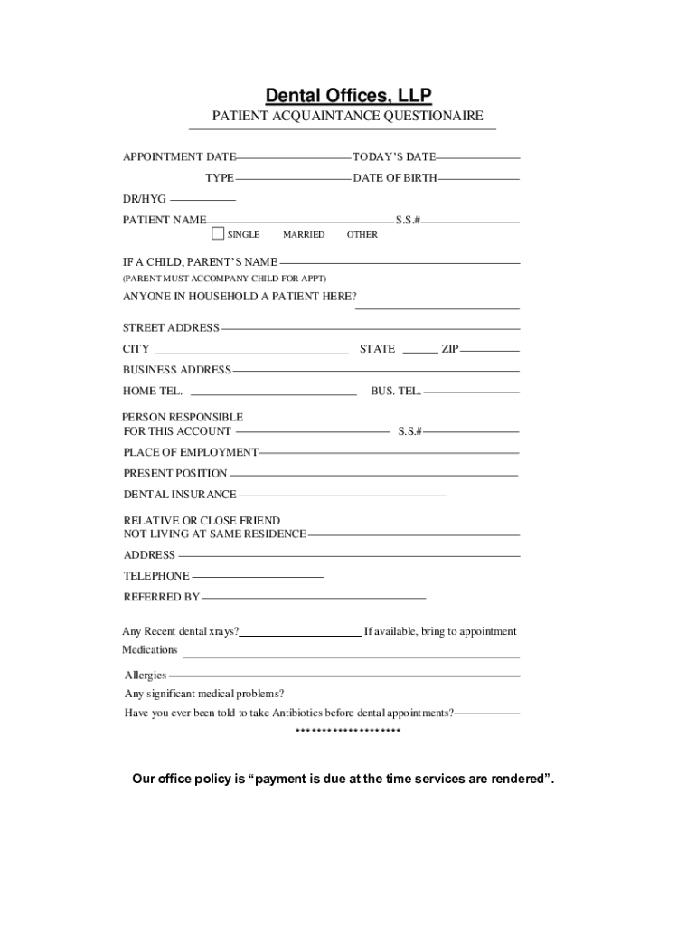 Fillable Online Sample New Patient Questionnaire - Velis Family Dental ...