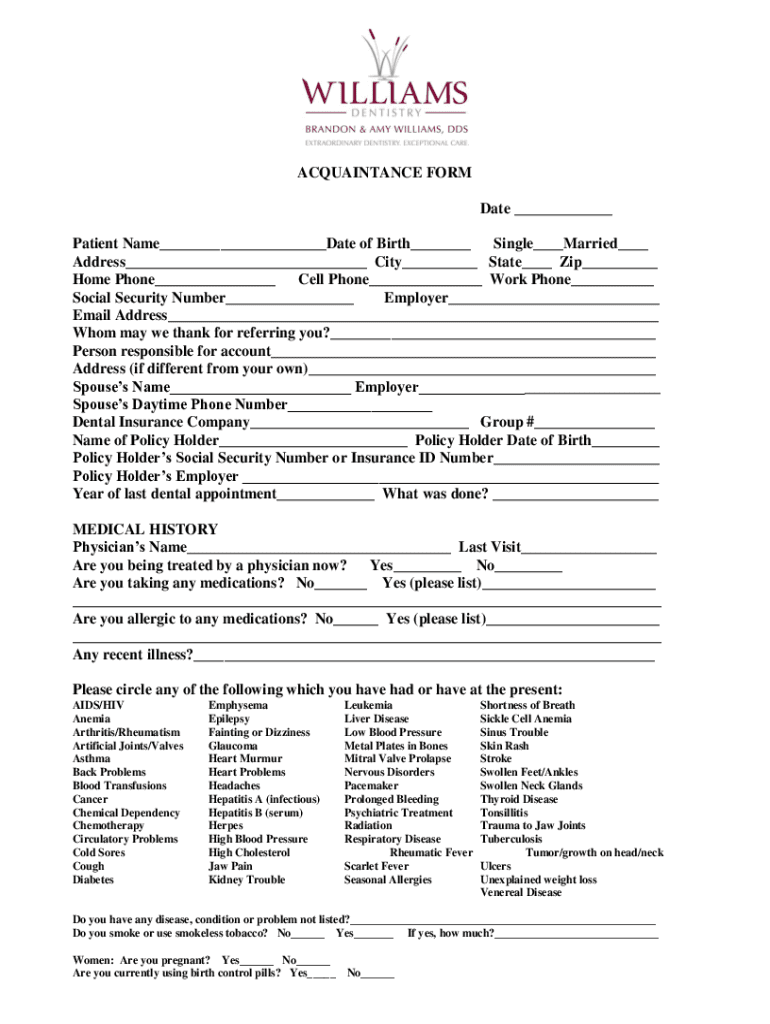 Fillable Online ACQUAINTANCE FORM Date Whom may we thank for referring ...