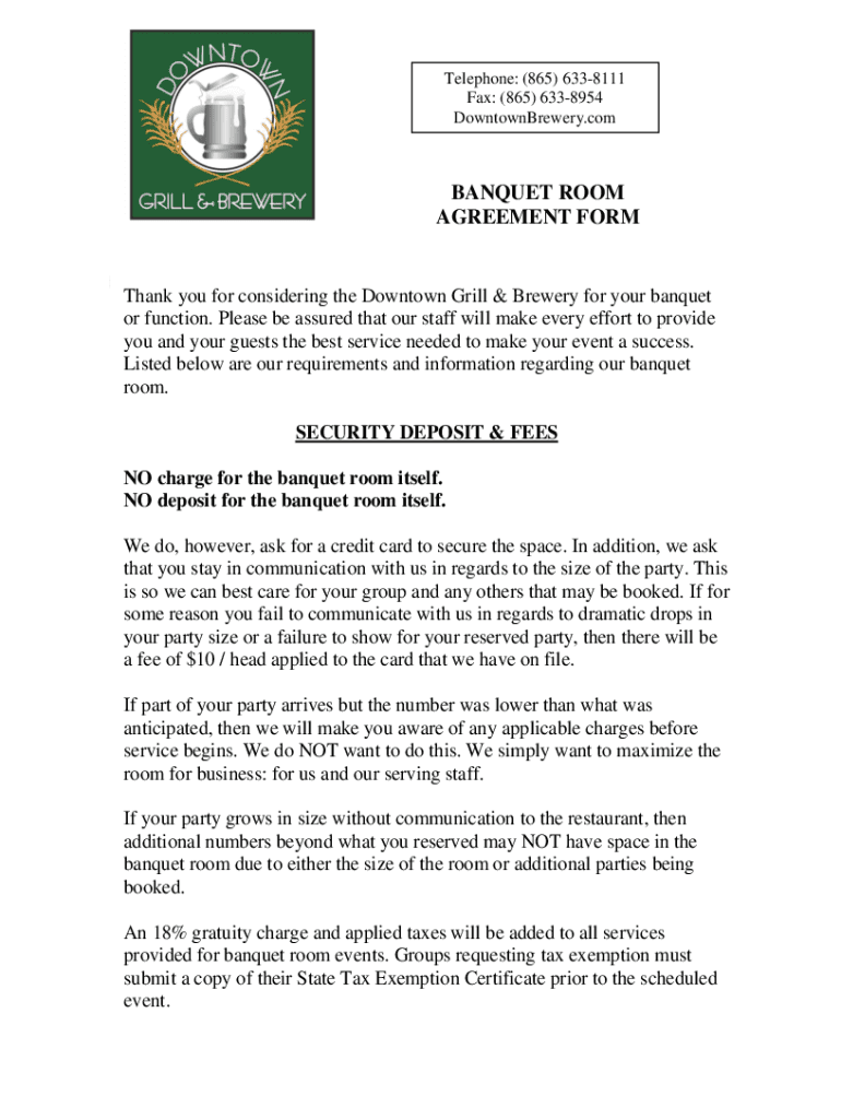 Fillable Online BANQUET ROOM AGREEMENT FORM - Downtown Grill & Brewery ...