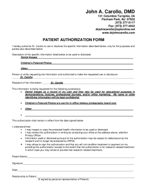 Fillable Online PATIENT AUTHORIZATION FORM - drjohncarollo.com Fax ...