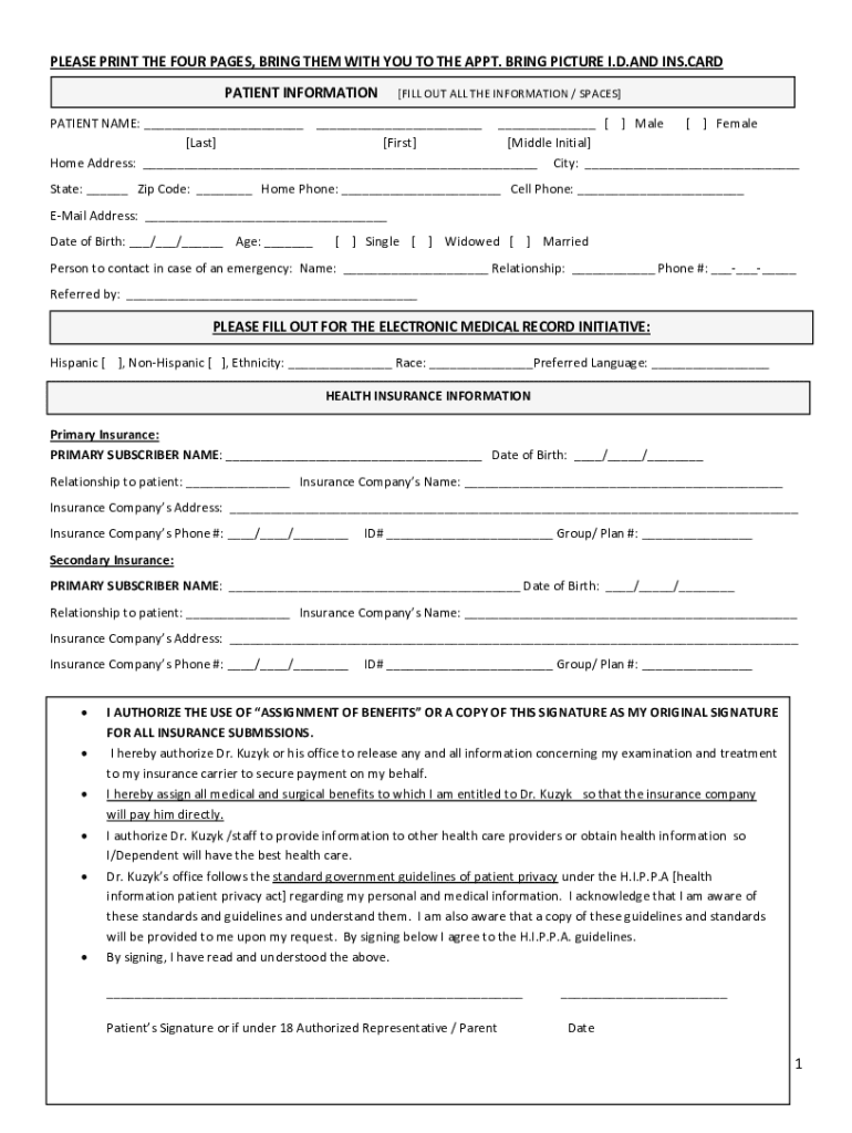 Fillable Online PLEASE FILL OUT FOR THE ELECTRONIC MEDICAL RECORD ...