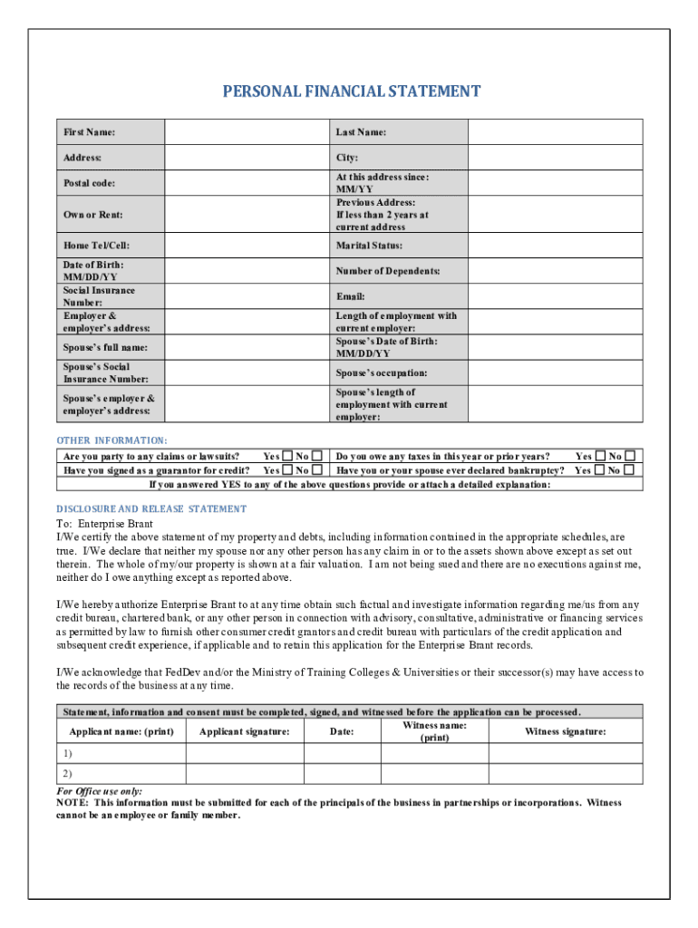 Fillable Online Personal Financial Statements - from Loan Application ...