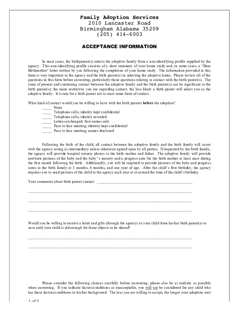 Fillable Online Adoptive Parenting Acceptance Form - Family Adoption ...