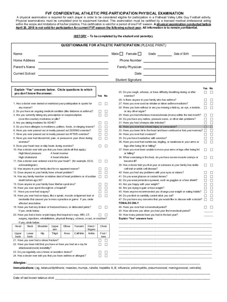 Fillable Online Preparticipation Physical Evaluation HISTORY FORMPRE ...