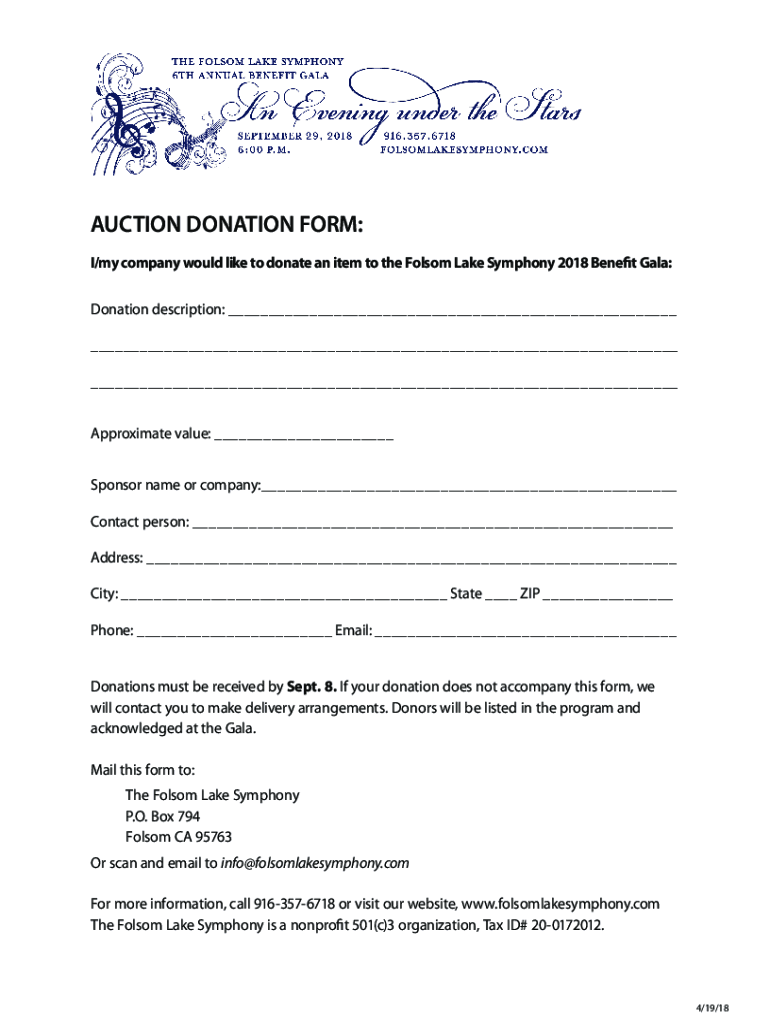 Fillable Online AUCTION DONATION FORM - Folsom Lake Symphony Fax Email ...