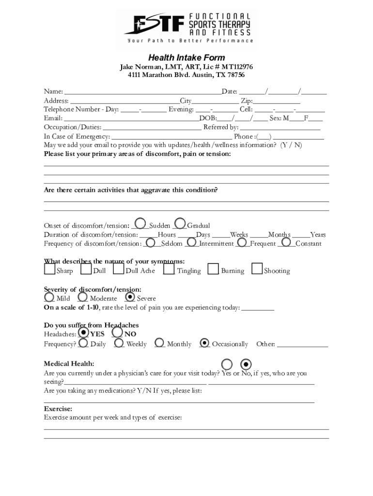 Fillable Online Health Intake Form - Functional Sports Therapy ...