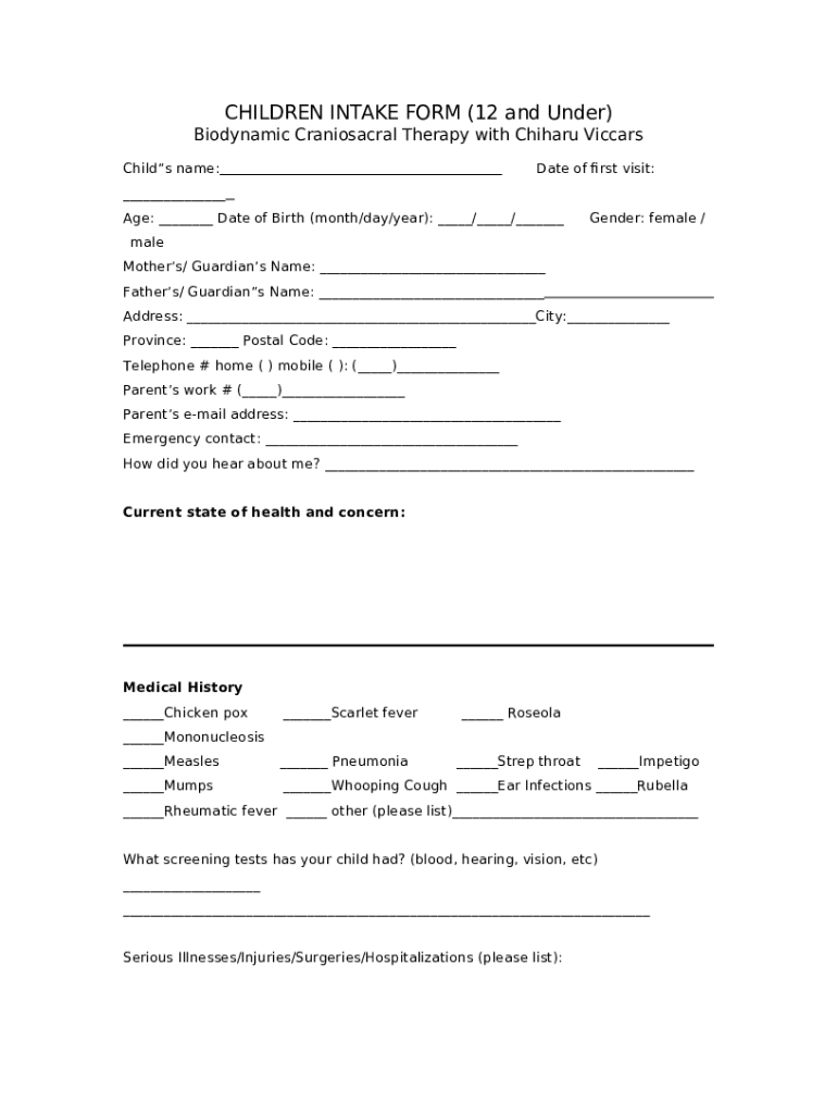 CHILDREN INTAKE (12 and Under) Doc Template | pdfFiller