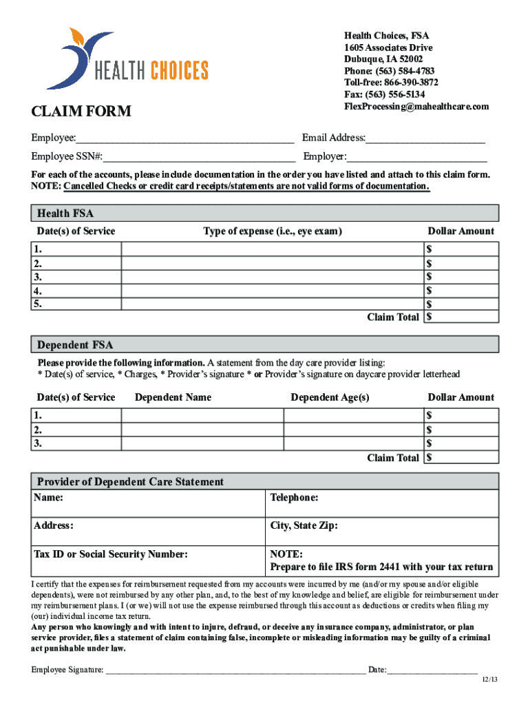 Fillable Online Claim Form for Participant Reimbursement pdf - Health ...