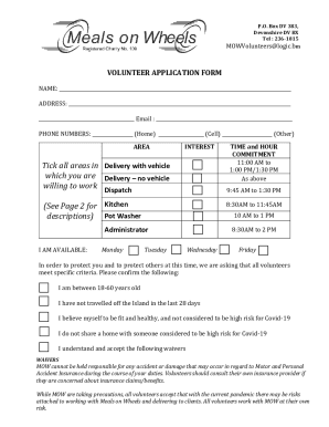 Fillable Online VOLUNTEER APPLICATION FORM - Meals on Wheels Fax Email ...
