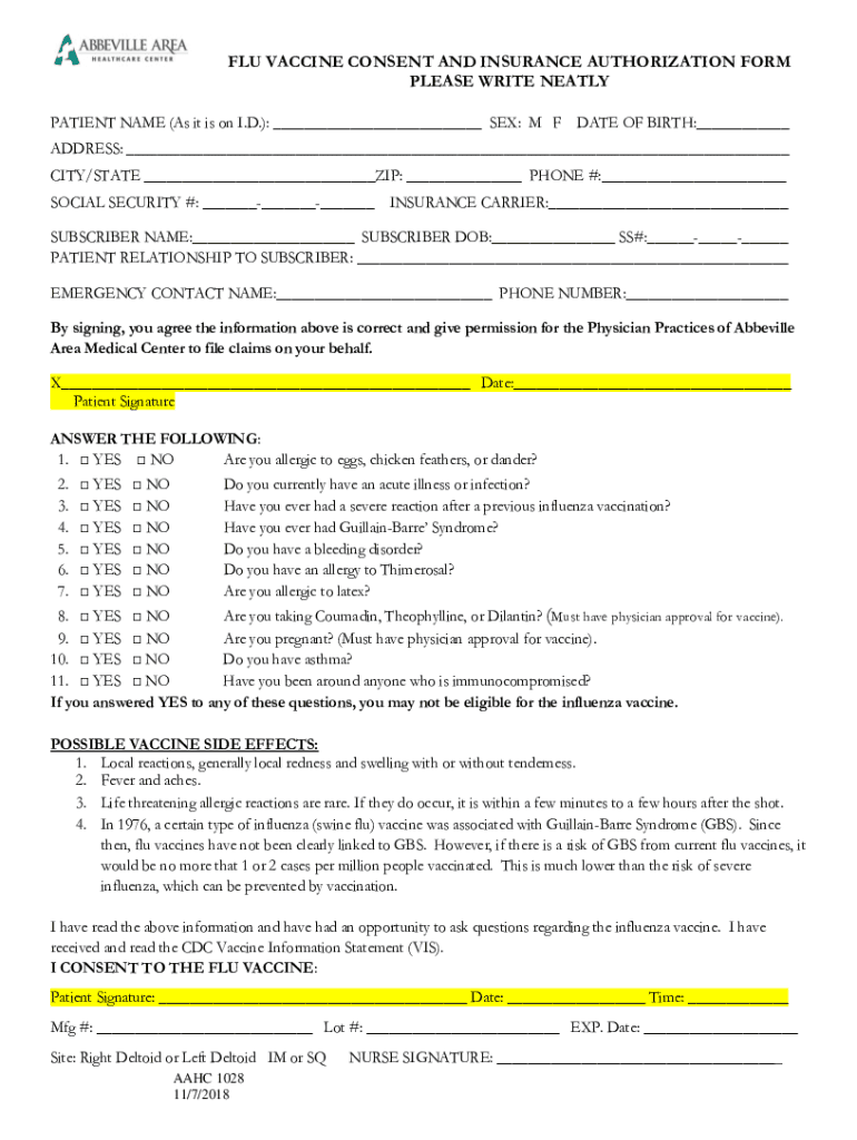 Fillable Online FLU VACCINE CONSENT AND INSURANCE AUTHORIZATION FORM Fax Email Print - pdfFiller