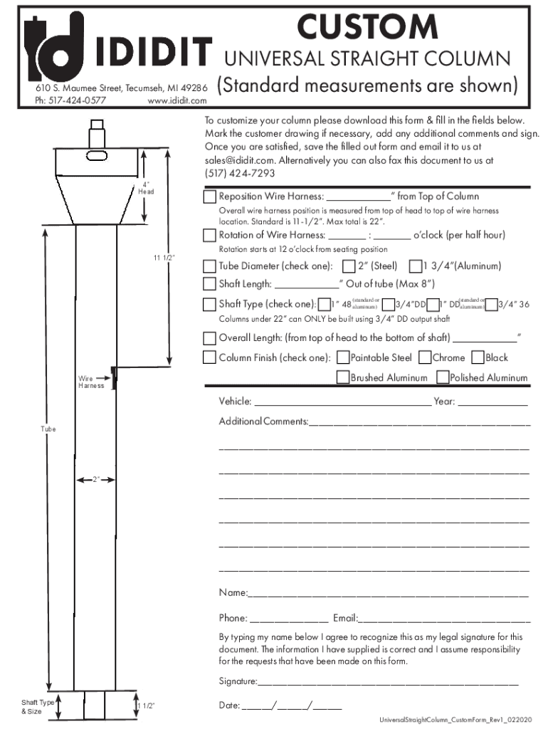 Fillable Online UNIVERSAL STRAIGHT COLUMN (Standard measurements are ...