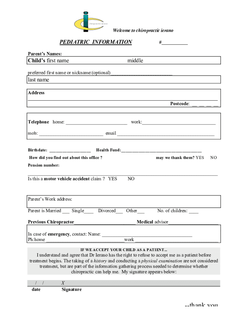 Fillable Online Pediatric New Patient Form - Synergy Oviedo ...